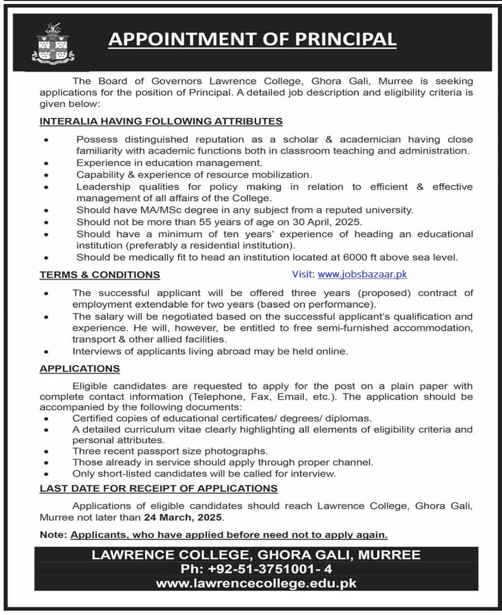 LAWRENCE COLLEGE GHORA GALI, MURREE | APPOINTMENT OF PRINCIPAL 03-2025 ...